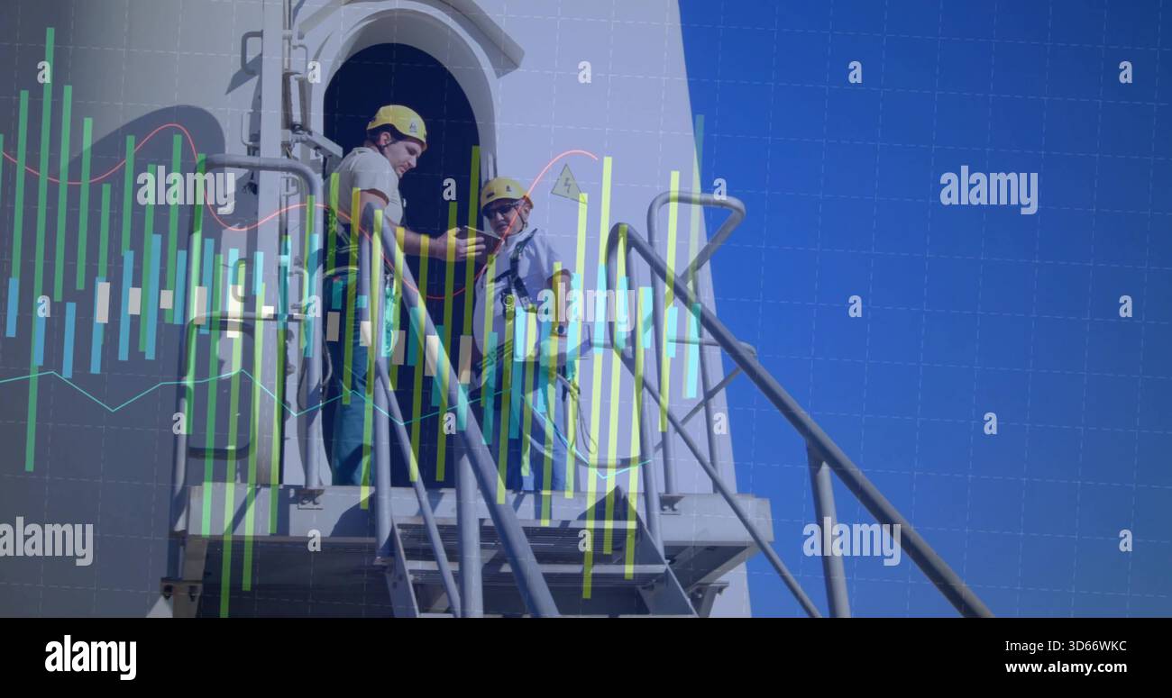 Inspecting technicians wearing yellow hard hats and harnesses on tower ...