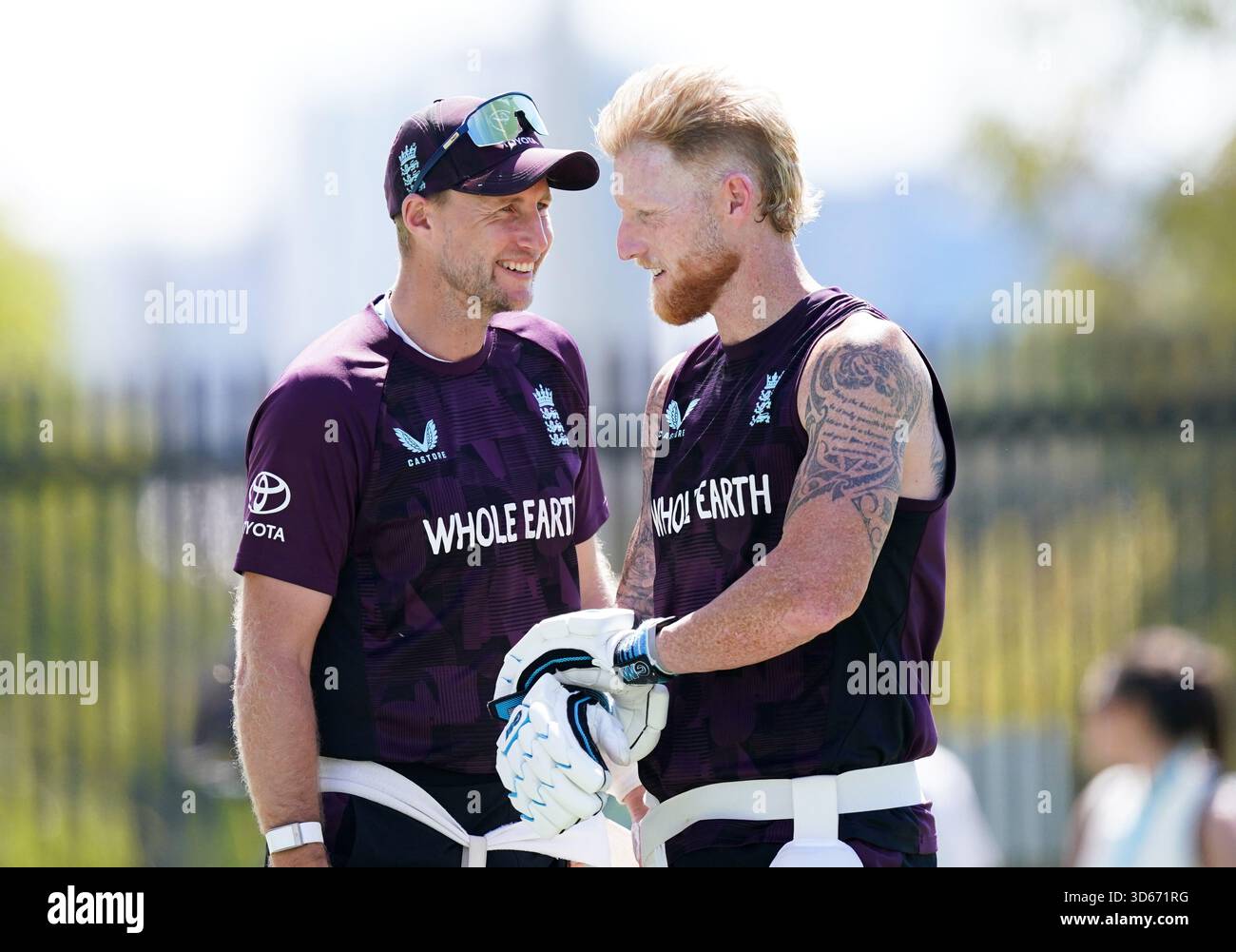 England’s Ben Stokes and Joe Root during a nets session at the Optus ...
