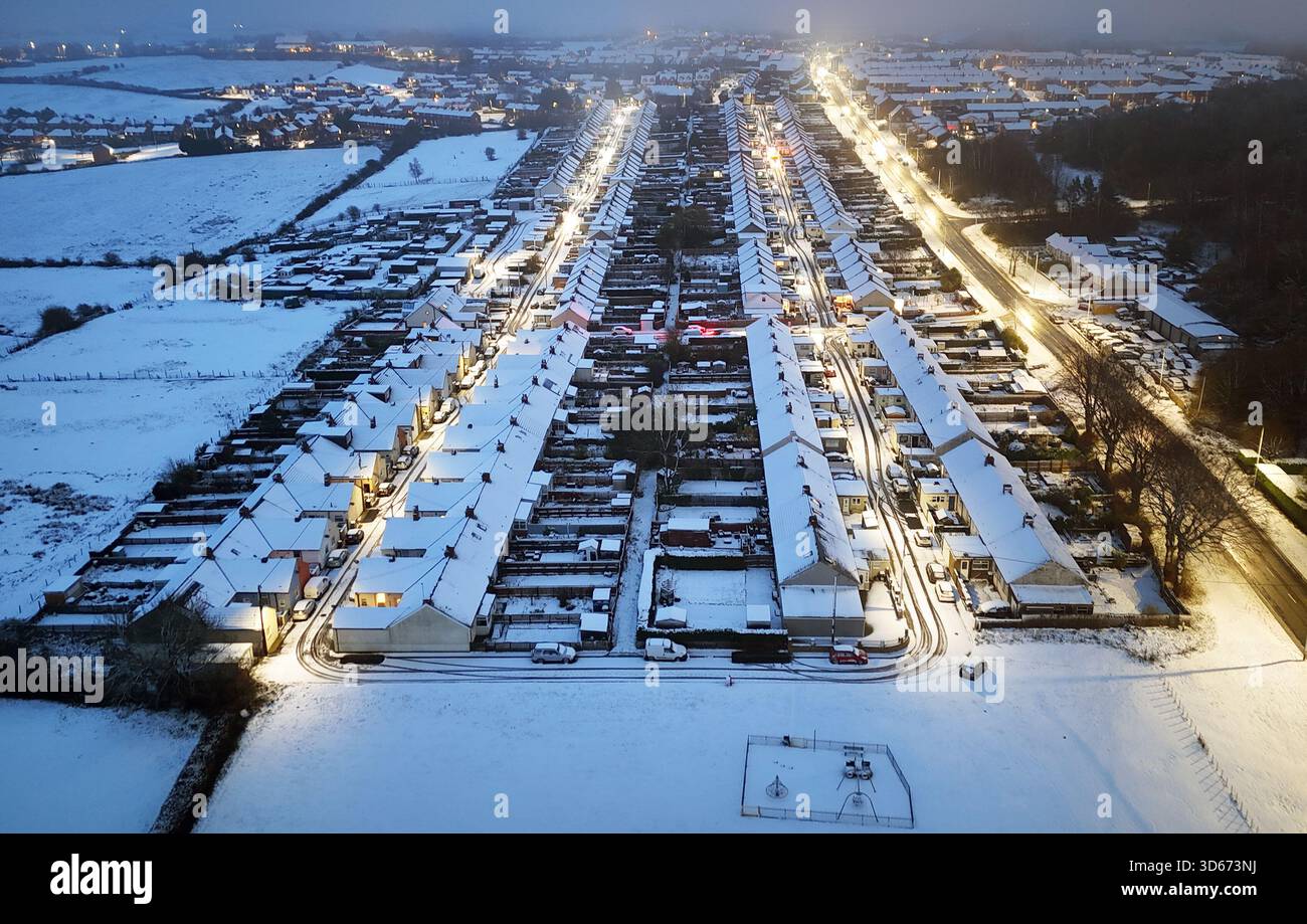 Overnight snow covers Leadgate in County Durham. Snow and ice warnings ...