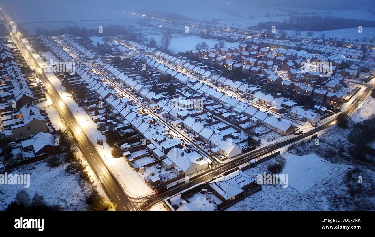 Overnight snow covers Leadgate in County Durham. Snow and ice warnings ...