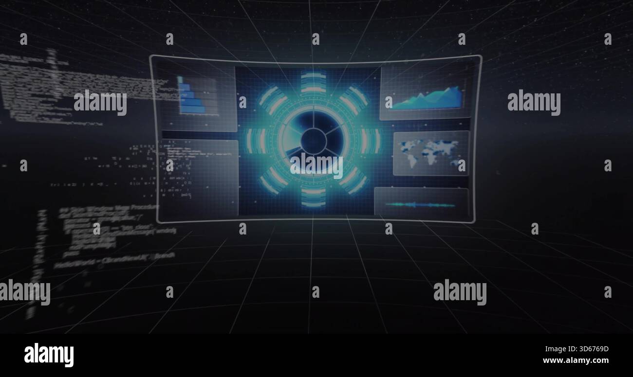 Projecting curved clear console showing central glowing hub data panels ...