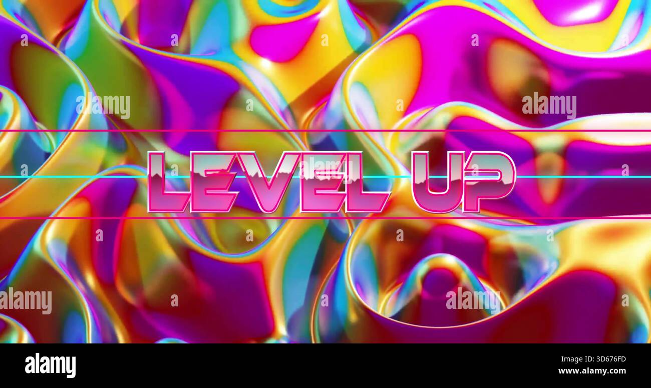 Floating bold 3D text LEVEL UP glowing in digital holographic ...