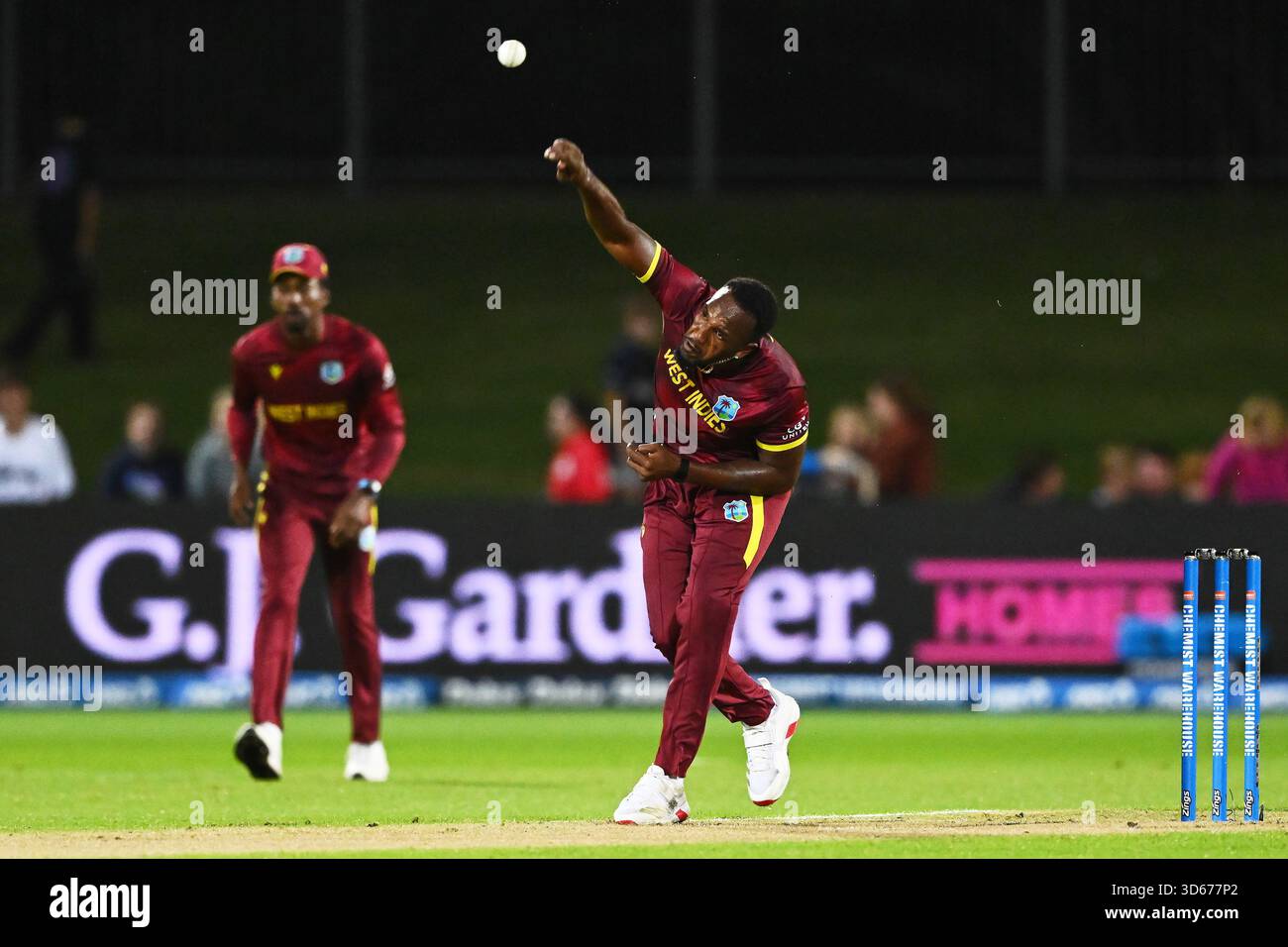 West Indies's Matthew Forde bowls against New Zealand during their One ...