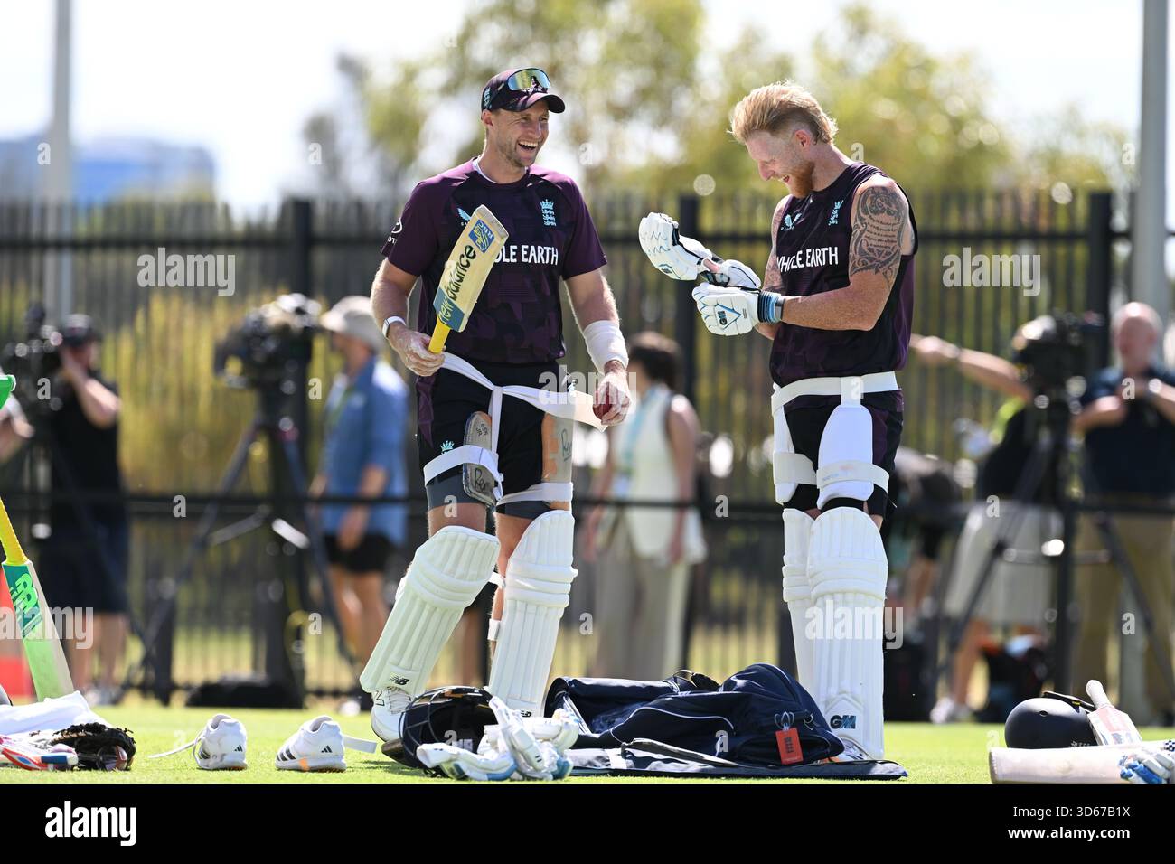 Joe Root (left) and Ben Stokes during an England Cricket Team training ...