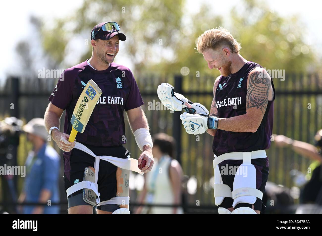 Joe Root (left) and Ben Stokes during an England Cricket Team training ...
