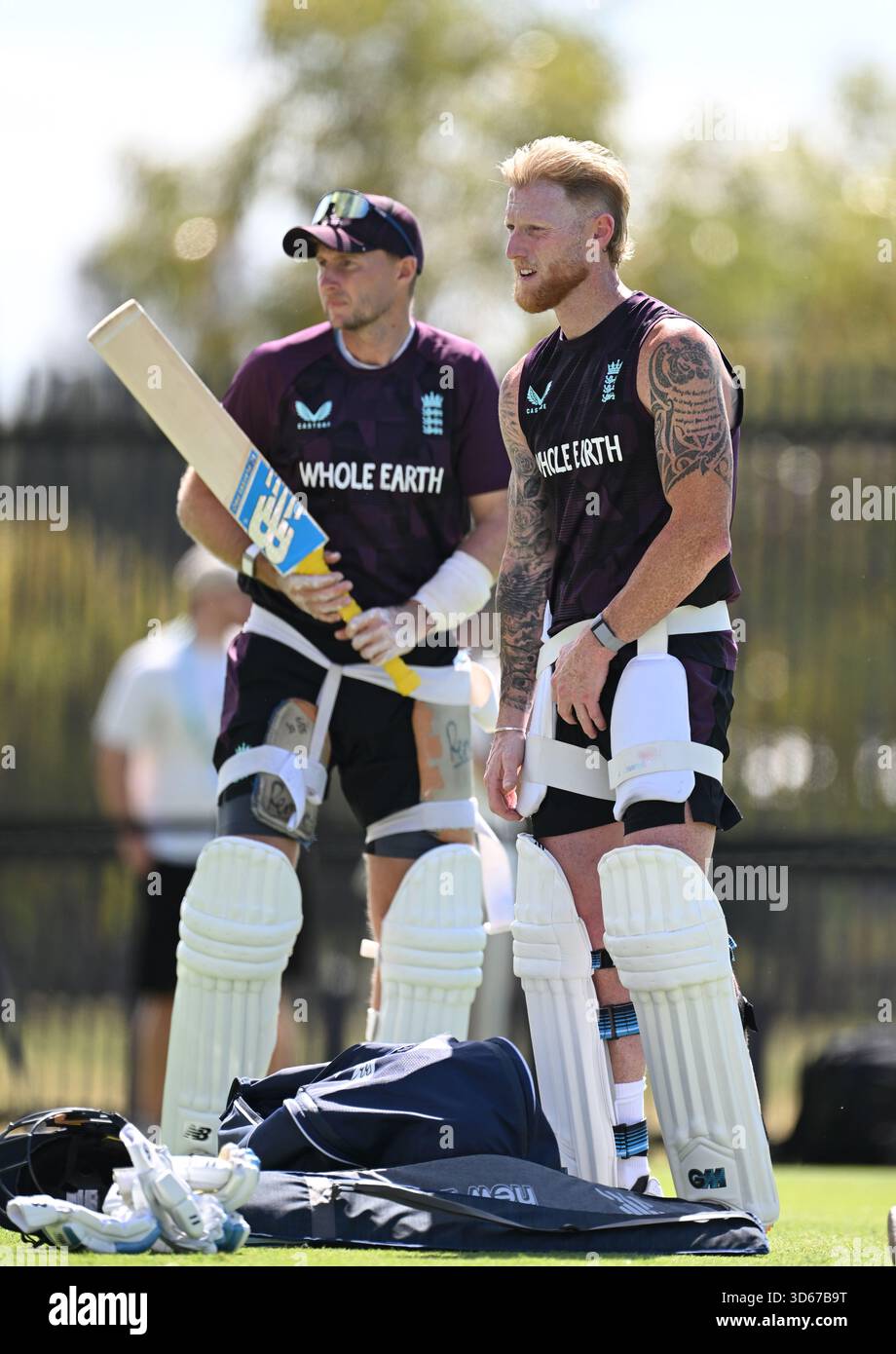 Joe Root (left) and Ben Stokes during an England Cricket Team training ...