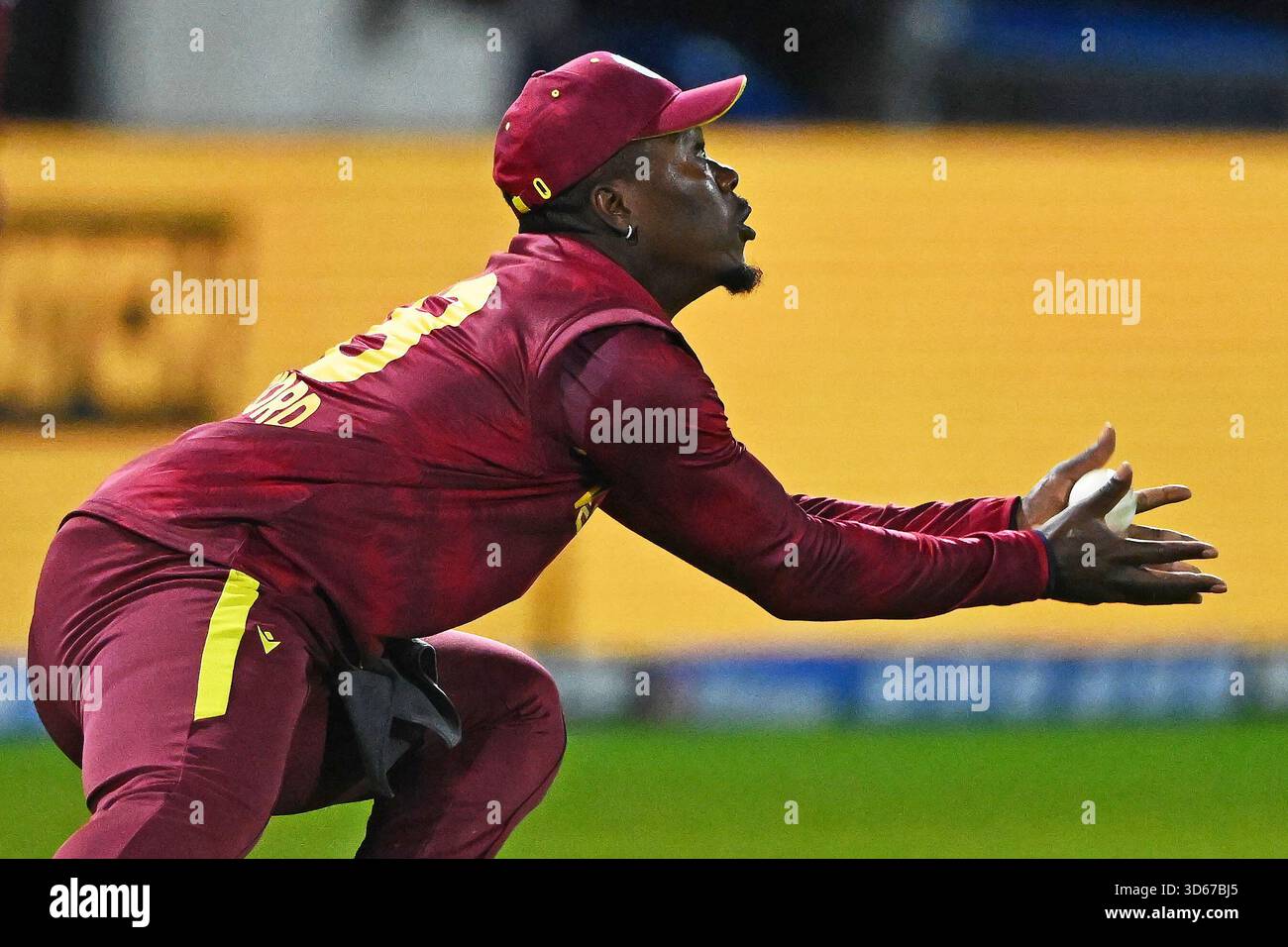West Indies' Sherfane Rutherford takes a catch to dismiss New Zealand's ...