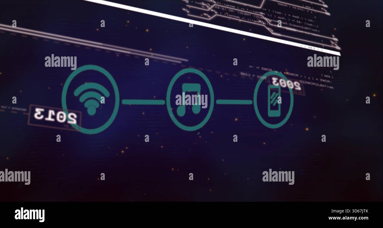 Displaying three teal icons Wi?Fi, music note, smartphone linked by ...