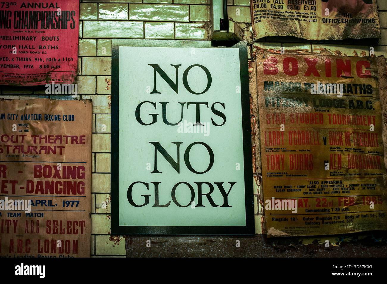 A motivational 'No Guts No Glory' sign hanging on a brick wall inside a ...