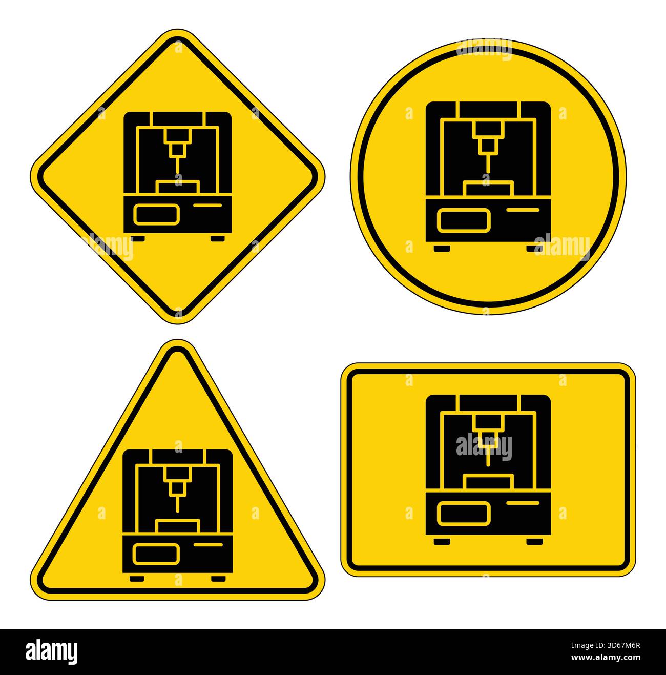 A collection of warning signs displaying 3D printer icons in different ...