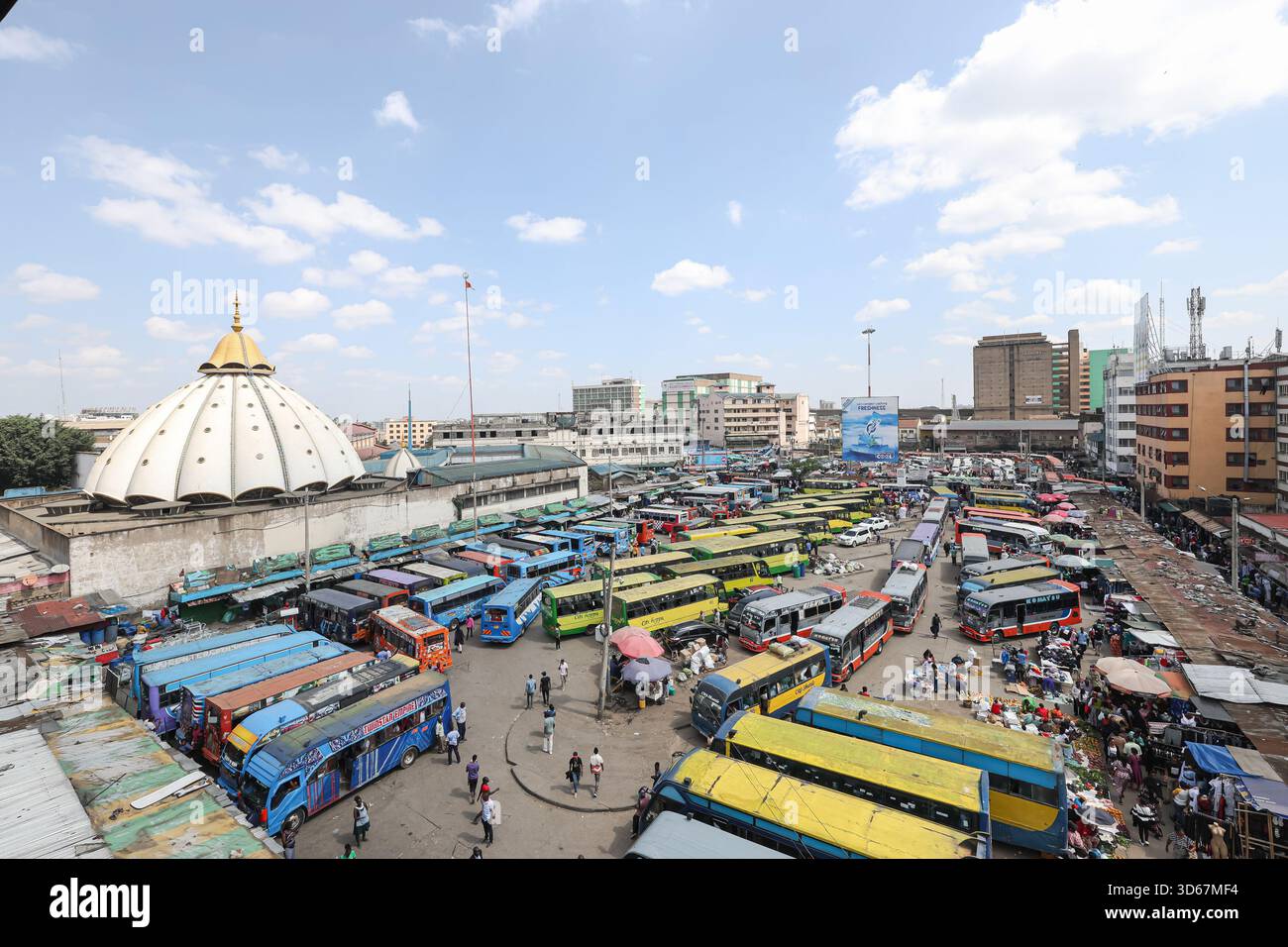 An aerial view of matatus (mini bus) and buses parked at the Nairobi ...