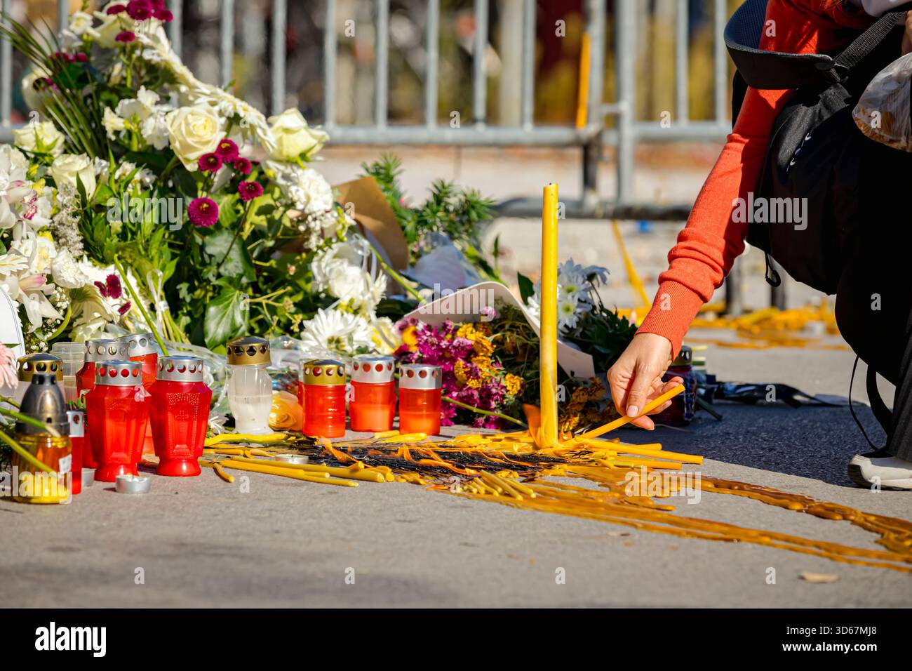 Memorial candles and flowers at the place where tragic accident ...