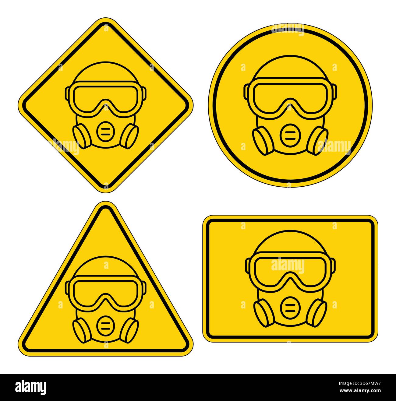 Set of four warning signs featuring a gas mask icon on a yellow ...