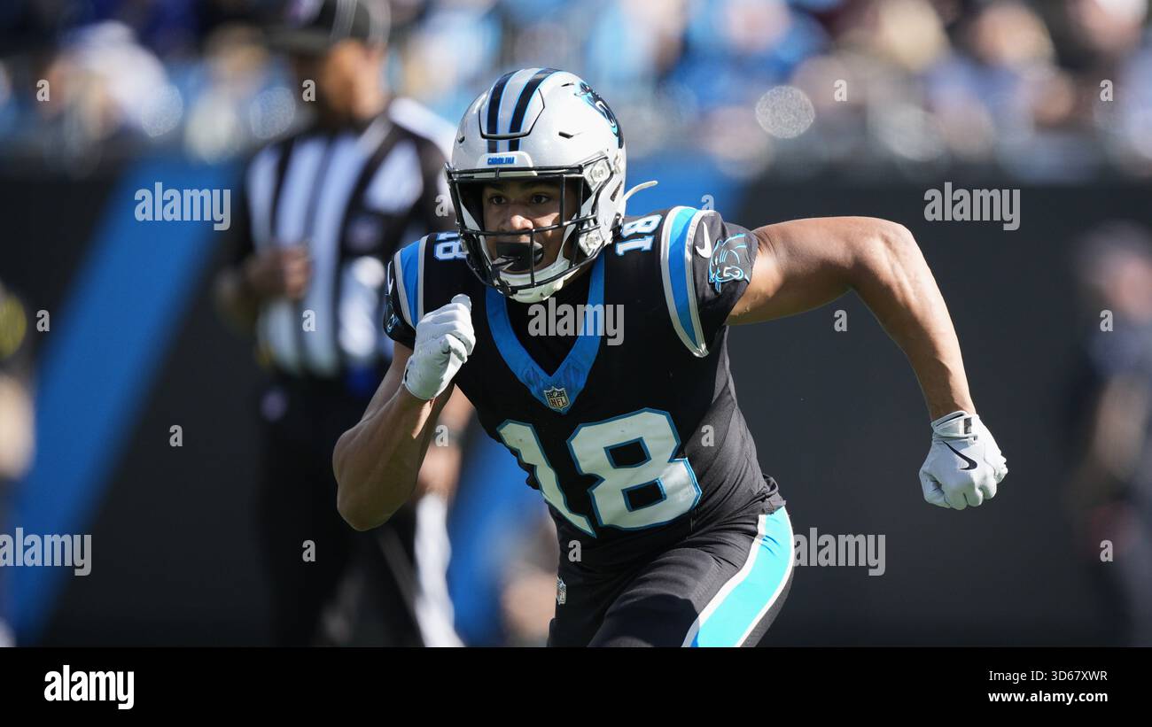 Carolina Panthers wide receiver Jalen Coker (18) plays during an NFL ...