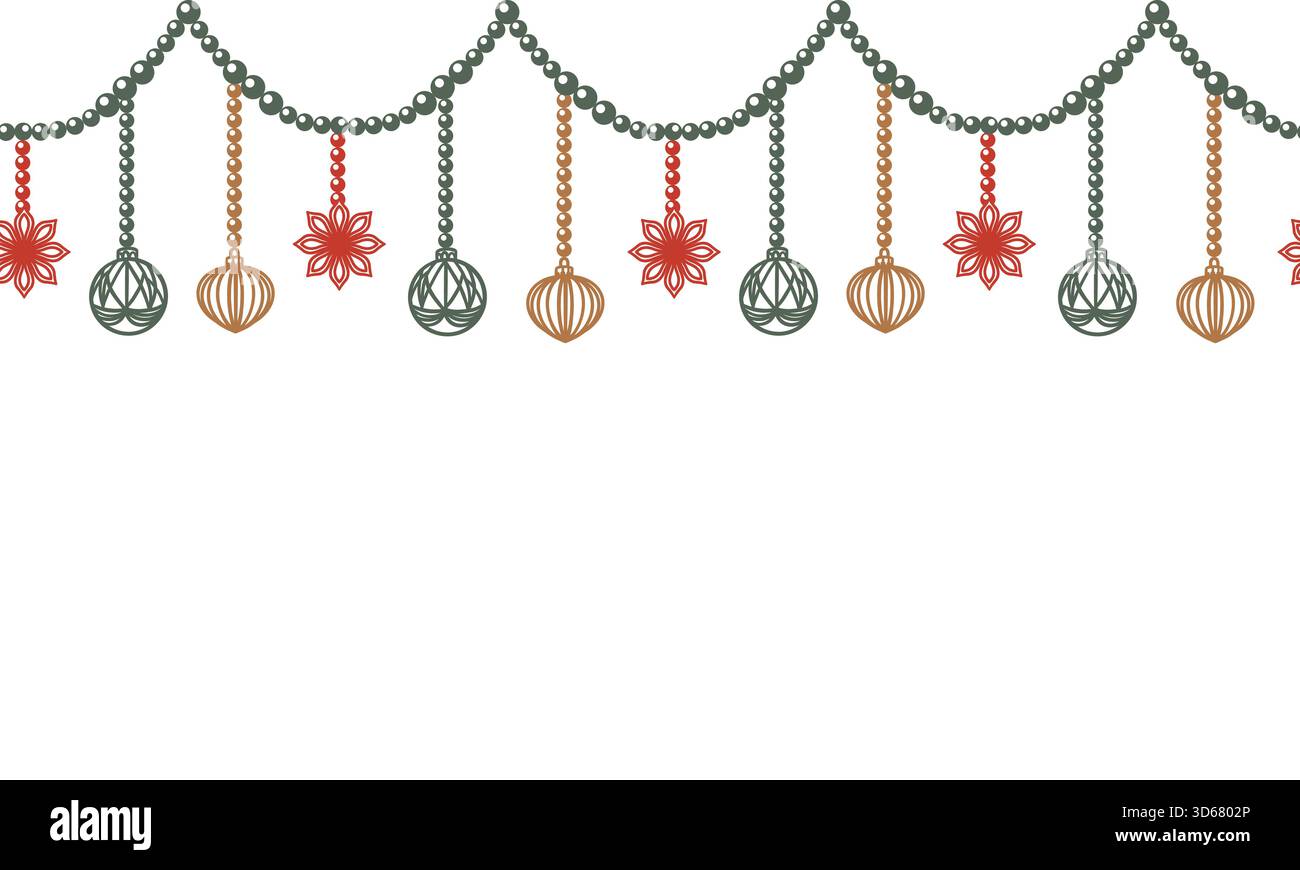 Christmas decor seamless border. Hanging beads and baubles. Hand drawn ...
