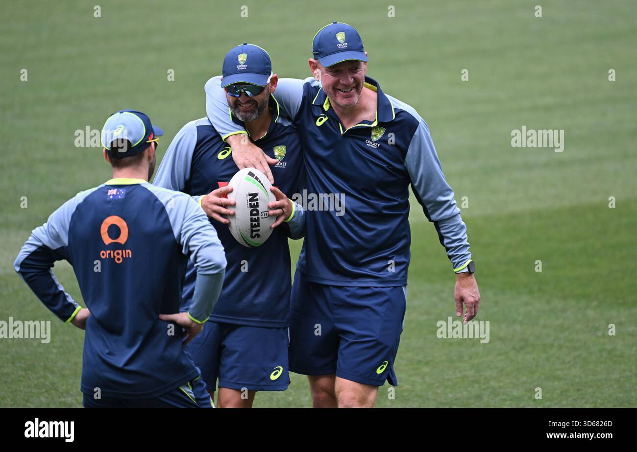 Nathan Lyon and coach Andrew McDonald during an Australia Cricket Team ...