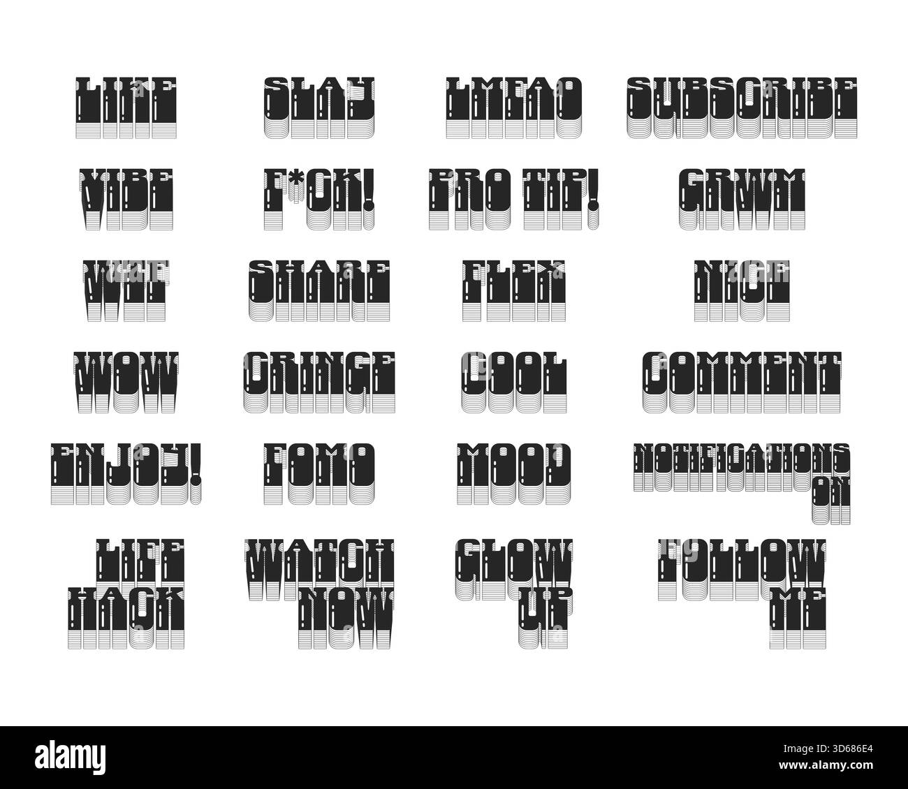 Multilayer bold black viral internet slang typography set Stock Vector ...