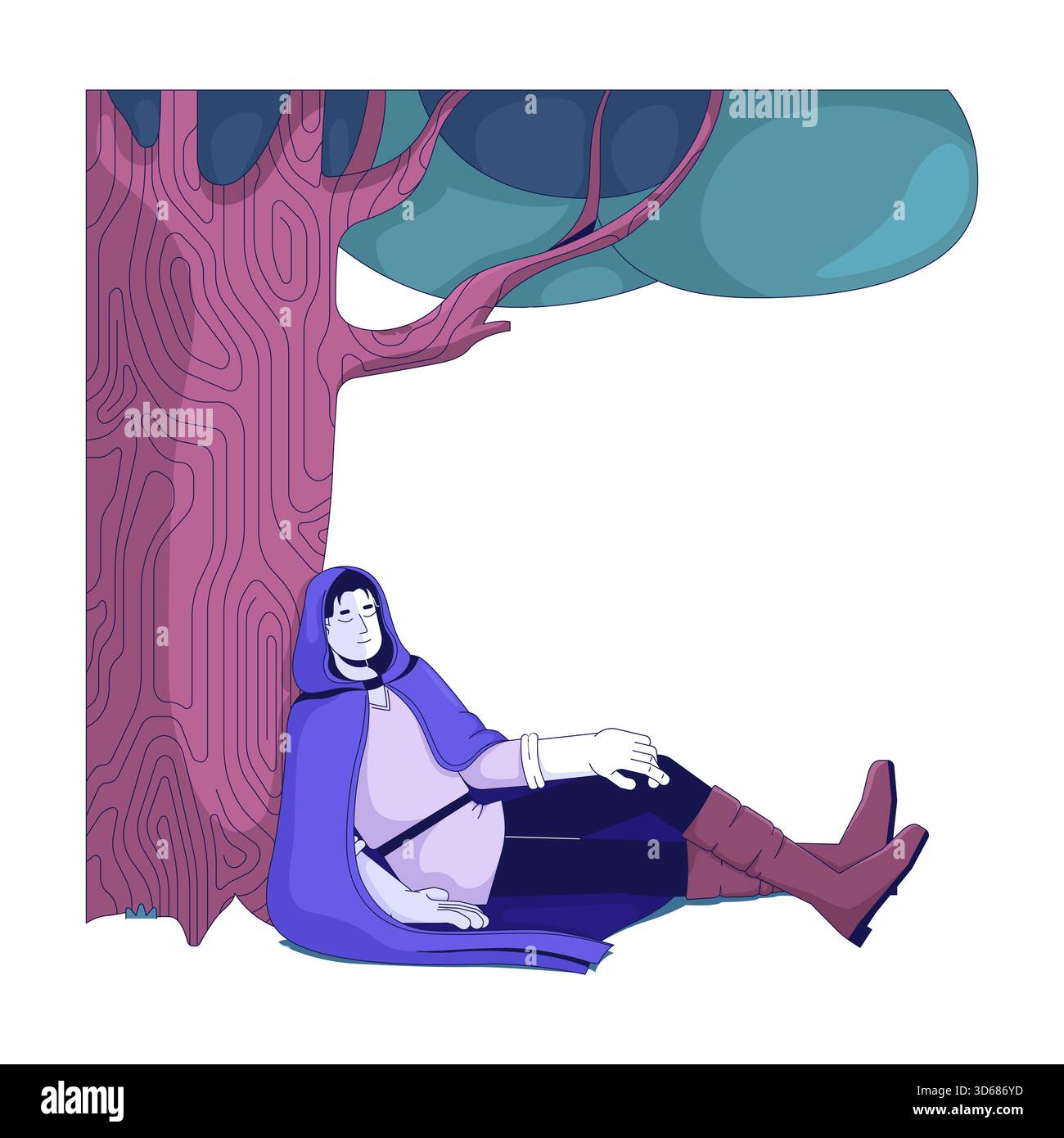 Fantasy cloak man resting peacefully beneath tree 2D cartoon character ...