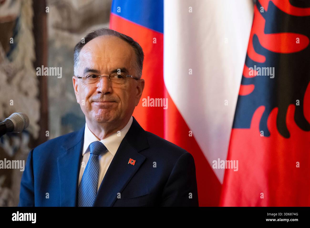 Albanian President Bajram Begaj speaks attends a press conference after ...