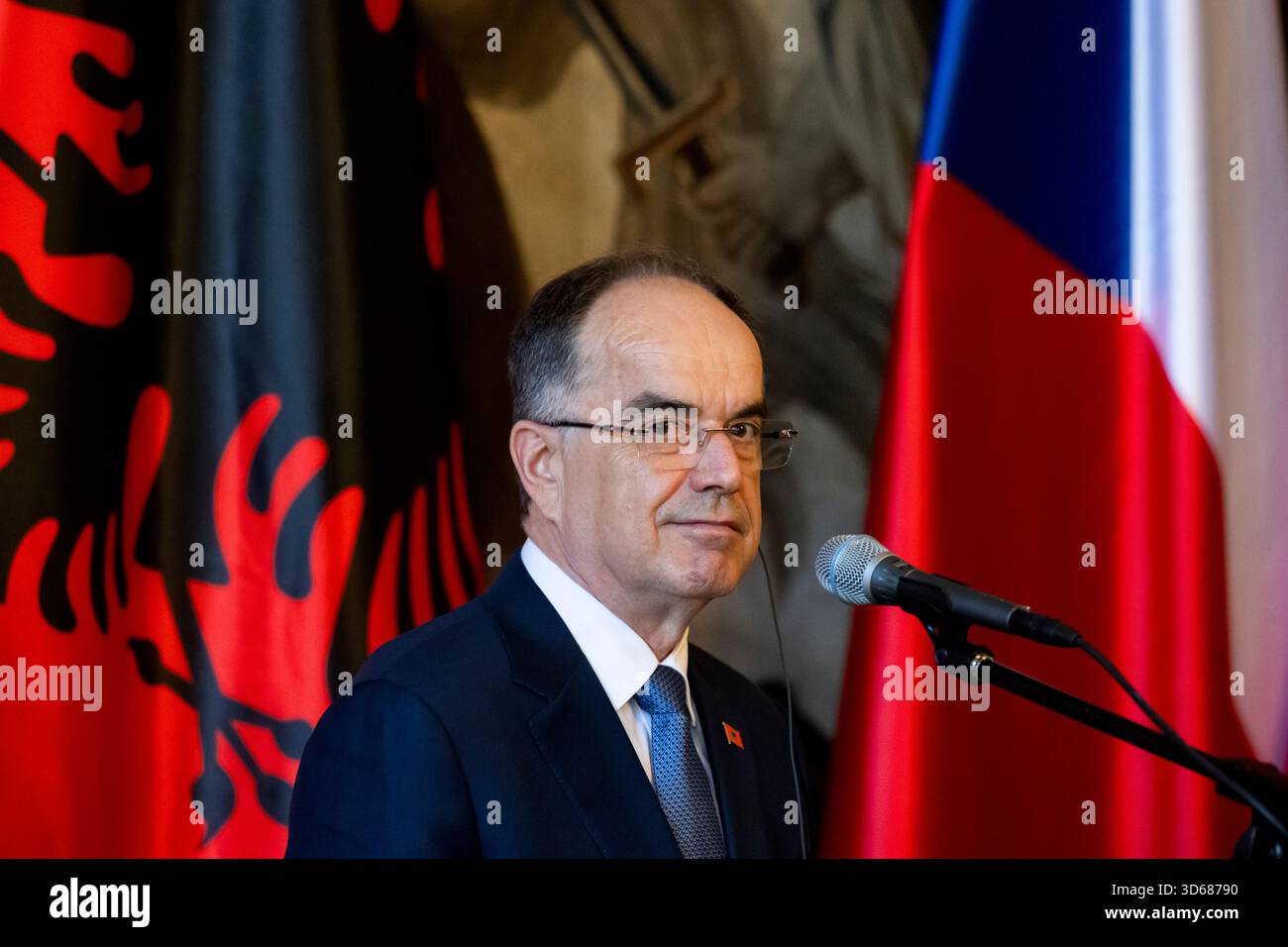 Albanian President Bajram Begaj speaks attends a press conference after ...
