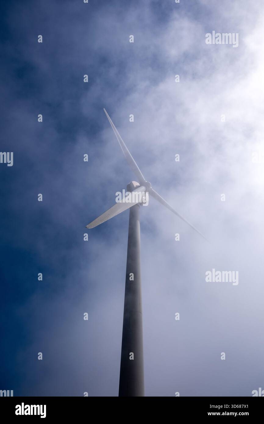 Wind turbine tower rising into hazy sky, blades cutting through soft ...