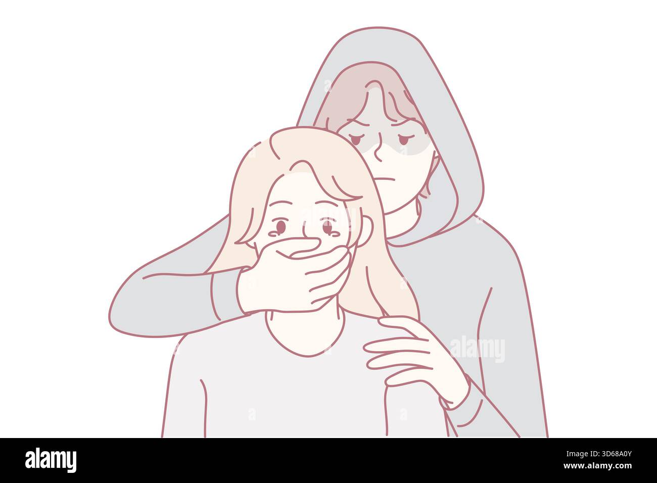 Man in hood close scared woman mouth with hand. Male criminal or ...