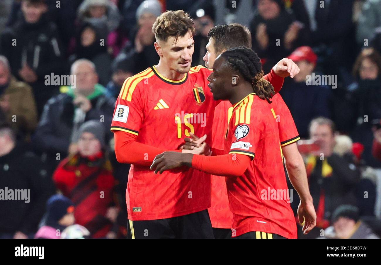 Belgium's Jeremy Doku celebrates after scoring during a soccer game ...