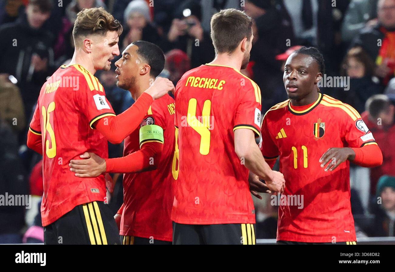 Belgium's Jeremy Doku celebrates after scoring during a soccer game ...