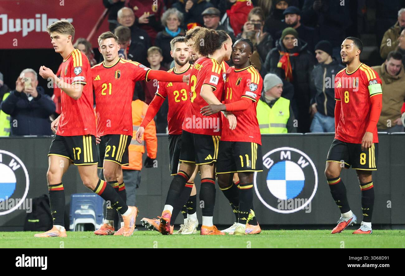 Belgium's Jeremy Doku celebrates after scoring during a soccer game ...