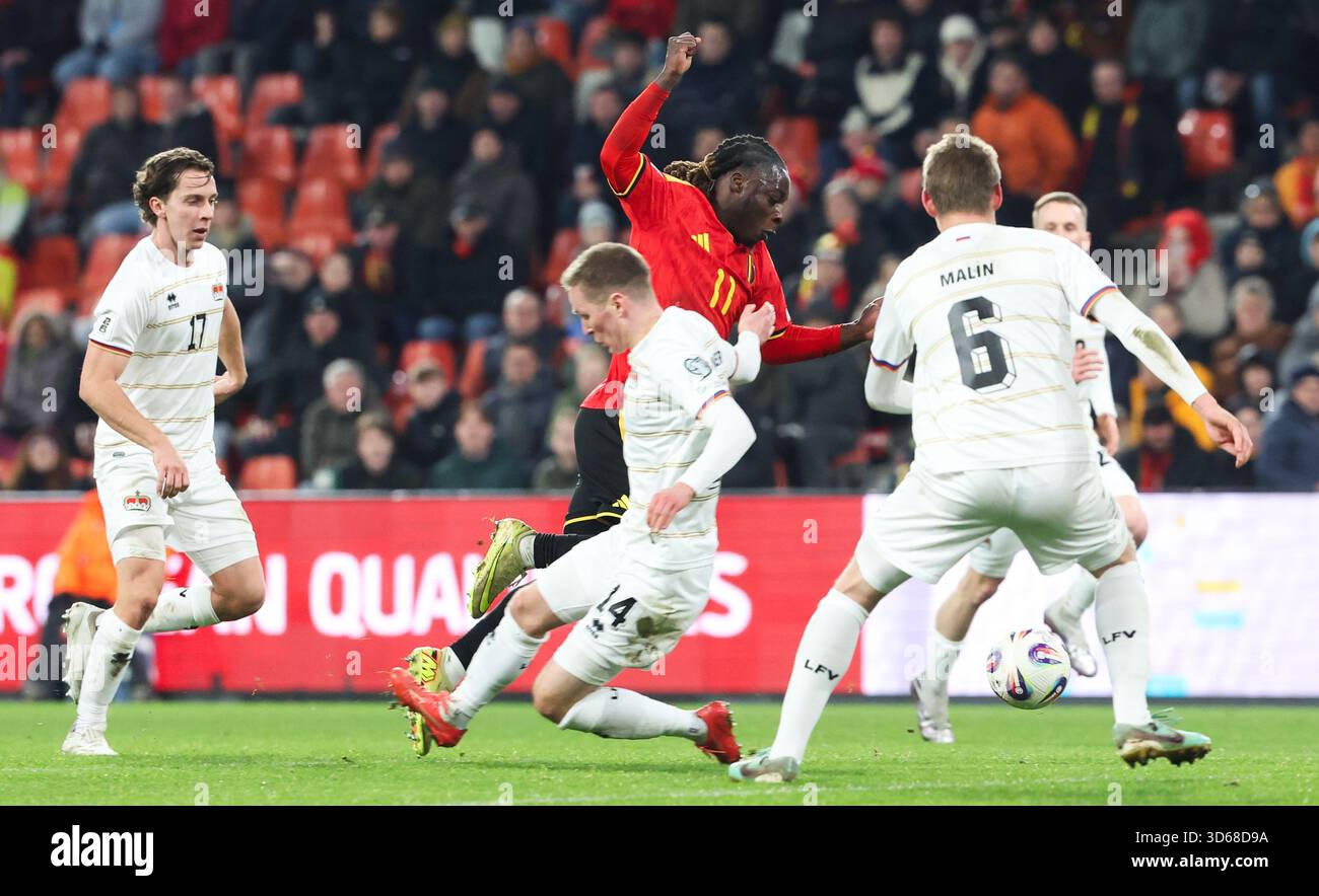 Belgium's Jeremy Doku scores a goal during a soccer game between Belgium's Red Devils and ...