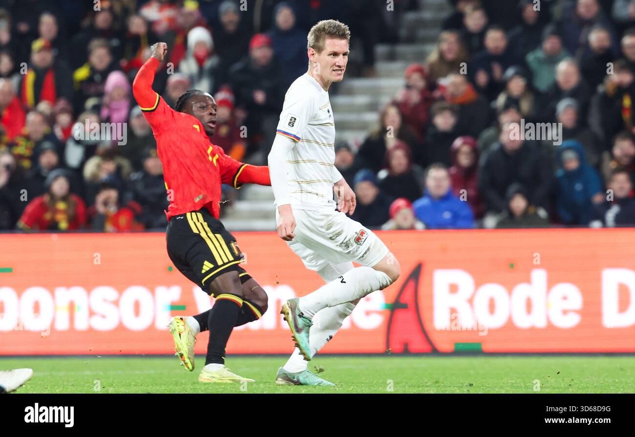 Belgium's Jeremy Doku scores a goal during a soccer game between Belgium's Red Devils and ...