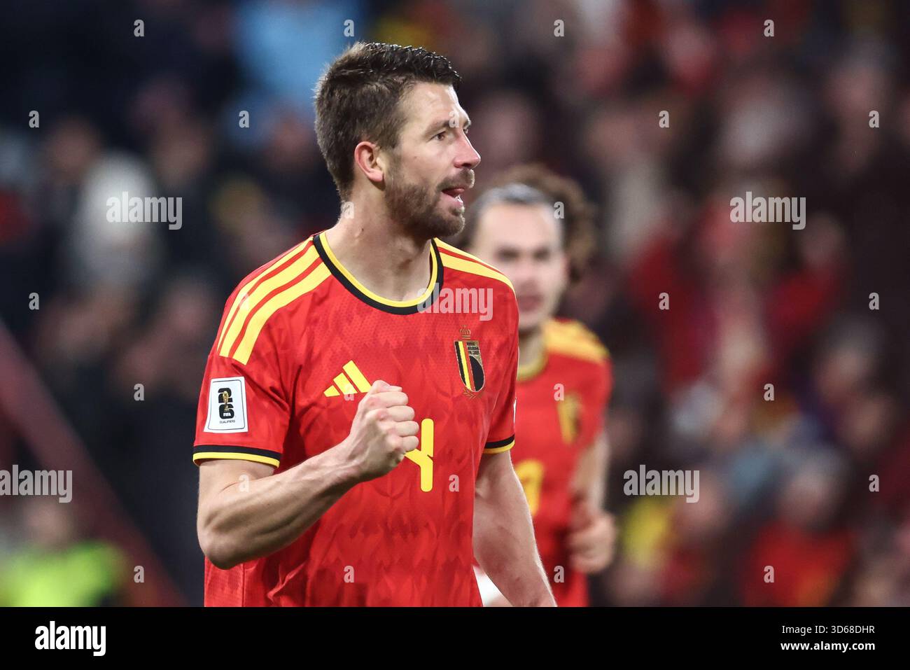 Belgium's Brandon Mechele celebrates after scoring during a soccer game ...