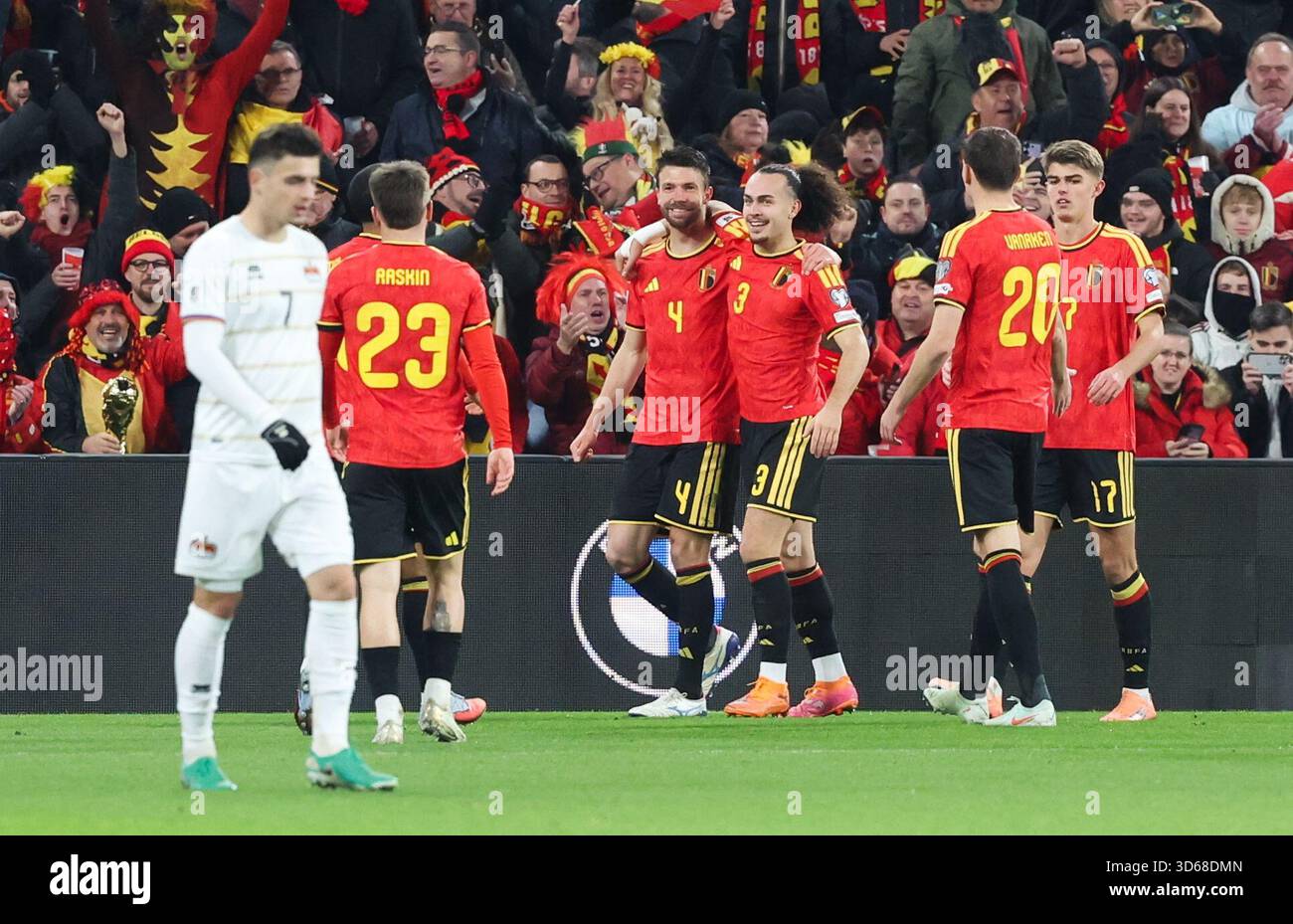 Belgium's Brandon Mechele celebrates after scoring during a soccer game ...