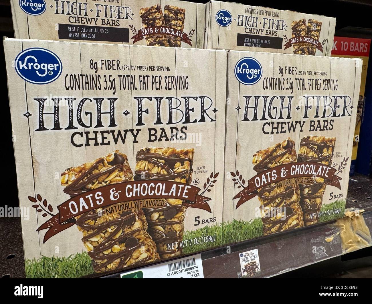 Cereal bars promoting fiber sit on a shelf at a Kroger grocery store ...