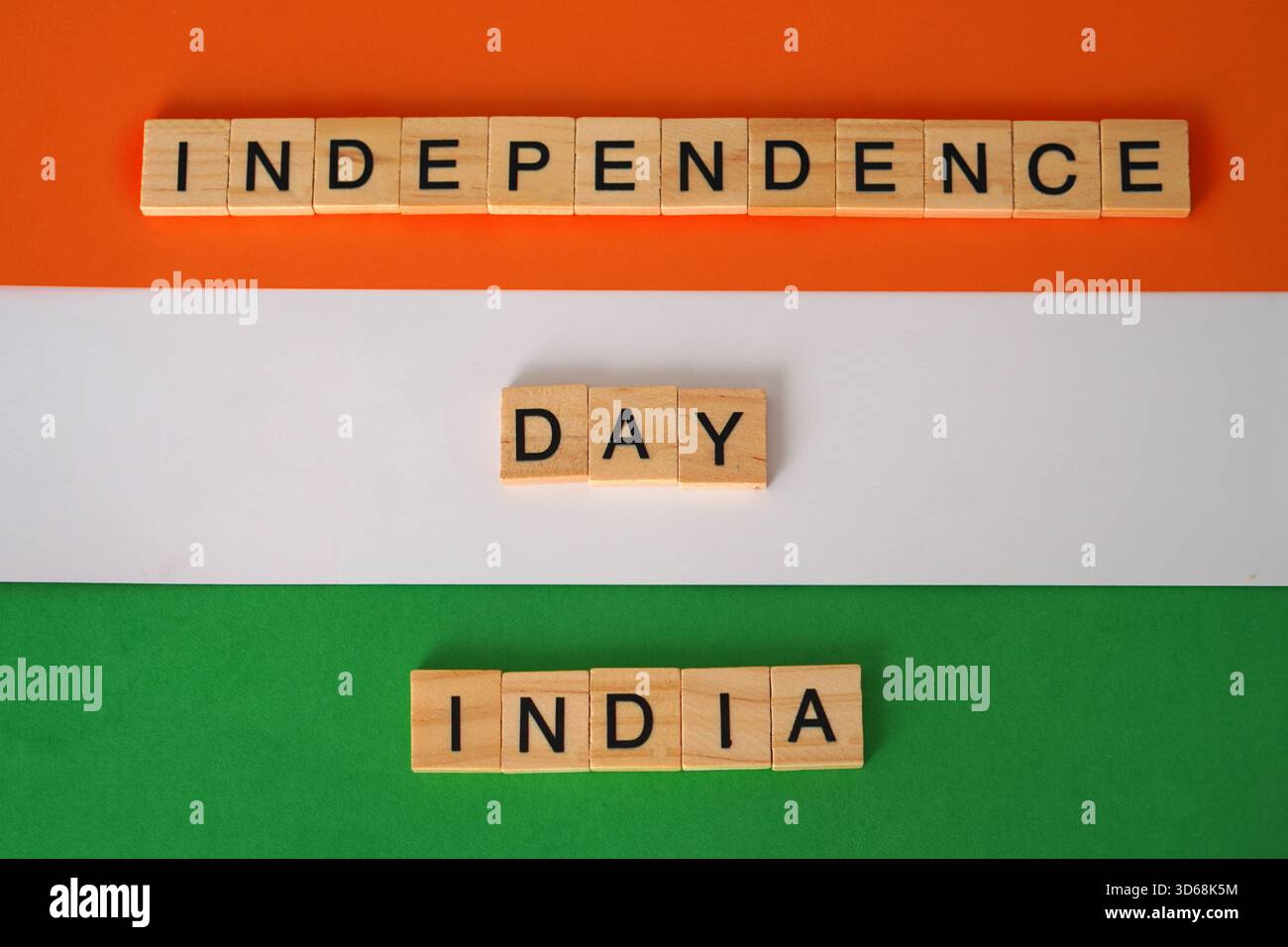Independence Day India. Words written in wooden letters on the colors ...