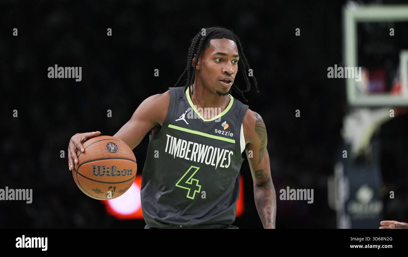Minnesota Timberwolves guard Rob Dillingham (4) dribbles down the court ...