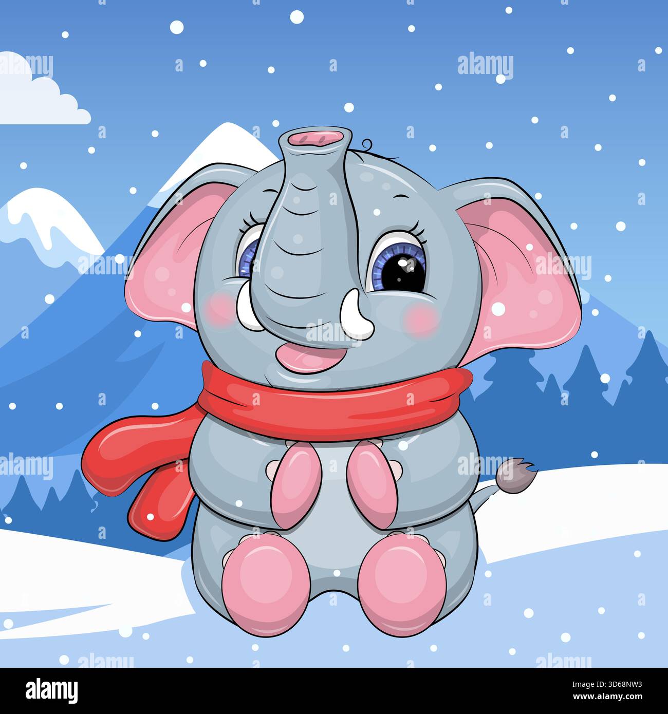 Cute cartoon Elephant with red scarf in winter. Vector Illustration of ...