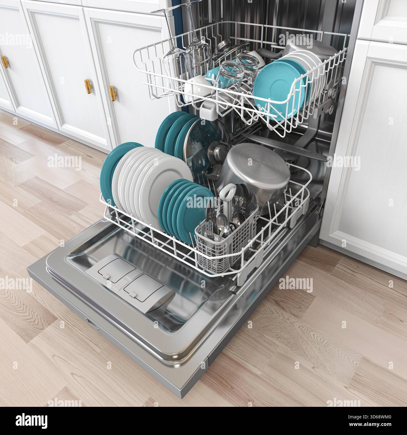 Open dishwasher with clean dishes inside in kitchen. 3d illustration ...