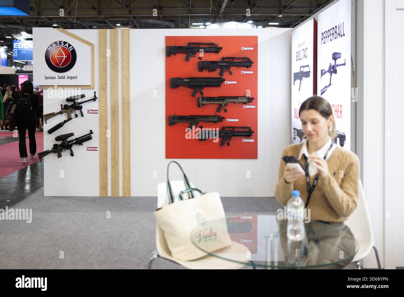 Weapons and rifles are set on a booth during the 24th edition of the ...