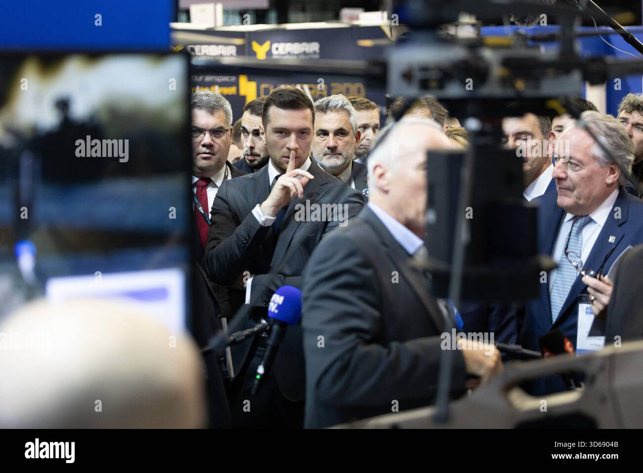 President of French far-right Rassemblement National (RN) party Jordan Bardella and President of ...