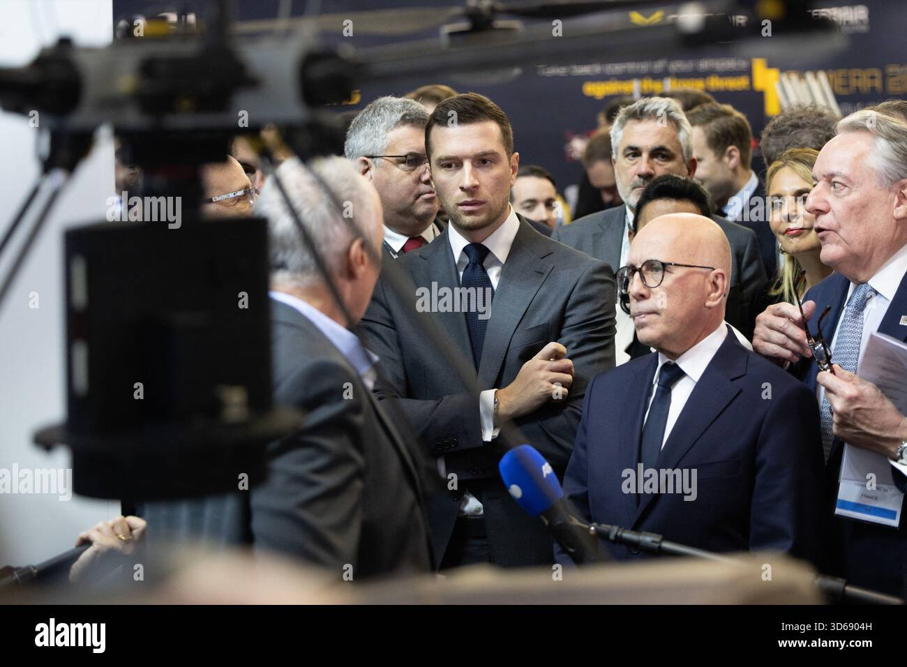 President of French far-right Rassemblement National (RN) party Jordan Bardella and President of ...