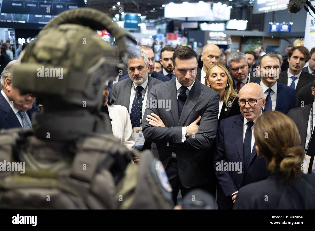 President of French far-right Rassemblement National (RN) party Jordan Bardella and President of ...