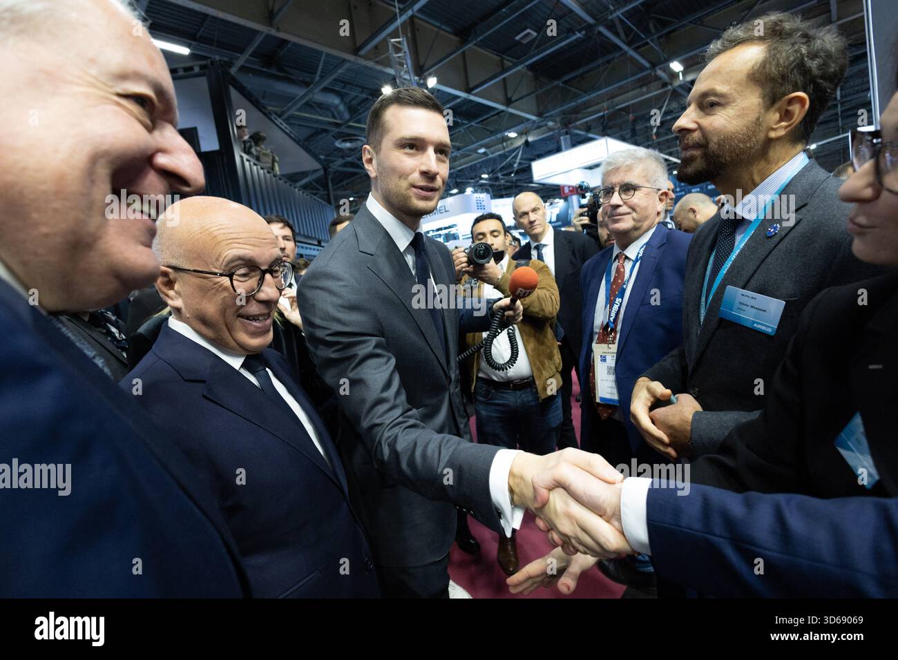 President of French far-right Rassemblement National (RN) party Jordan Bardella and President of ...