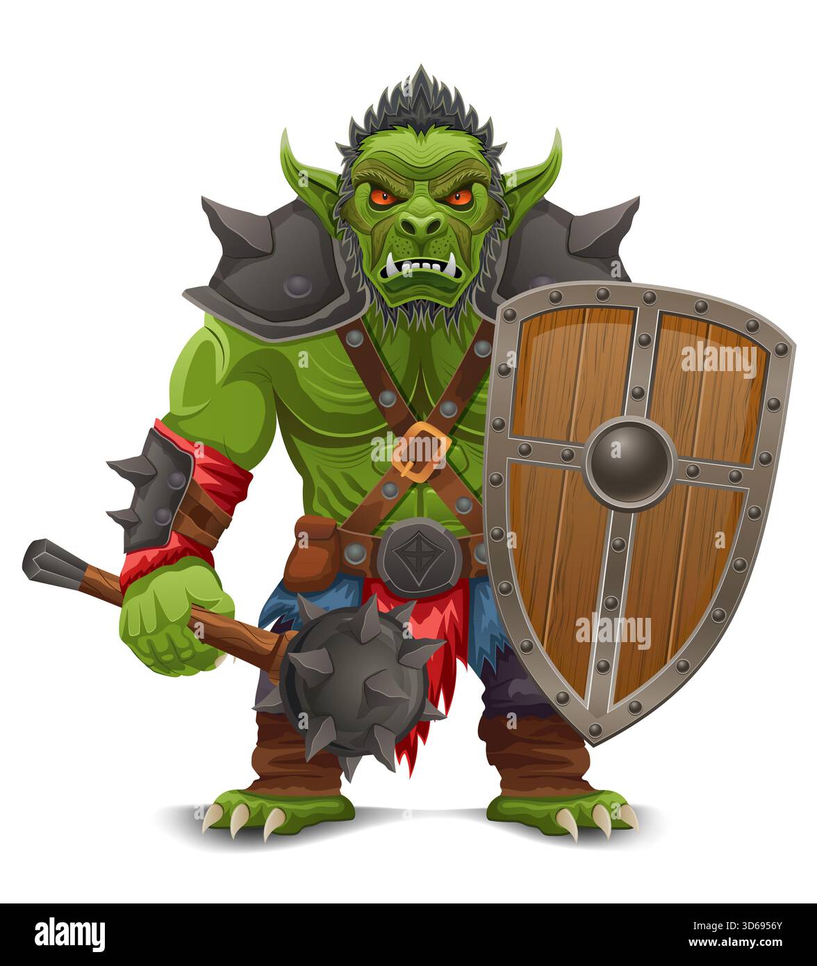menacing and scary green goblin troll orc stands in a warlike pose ...
