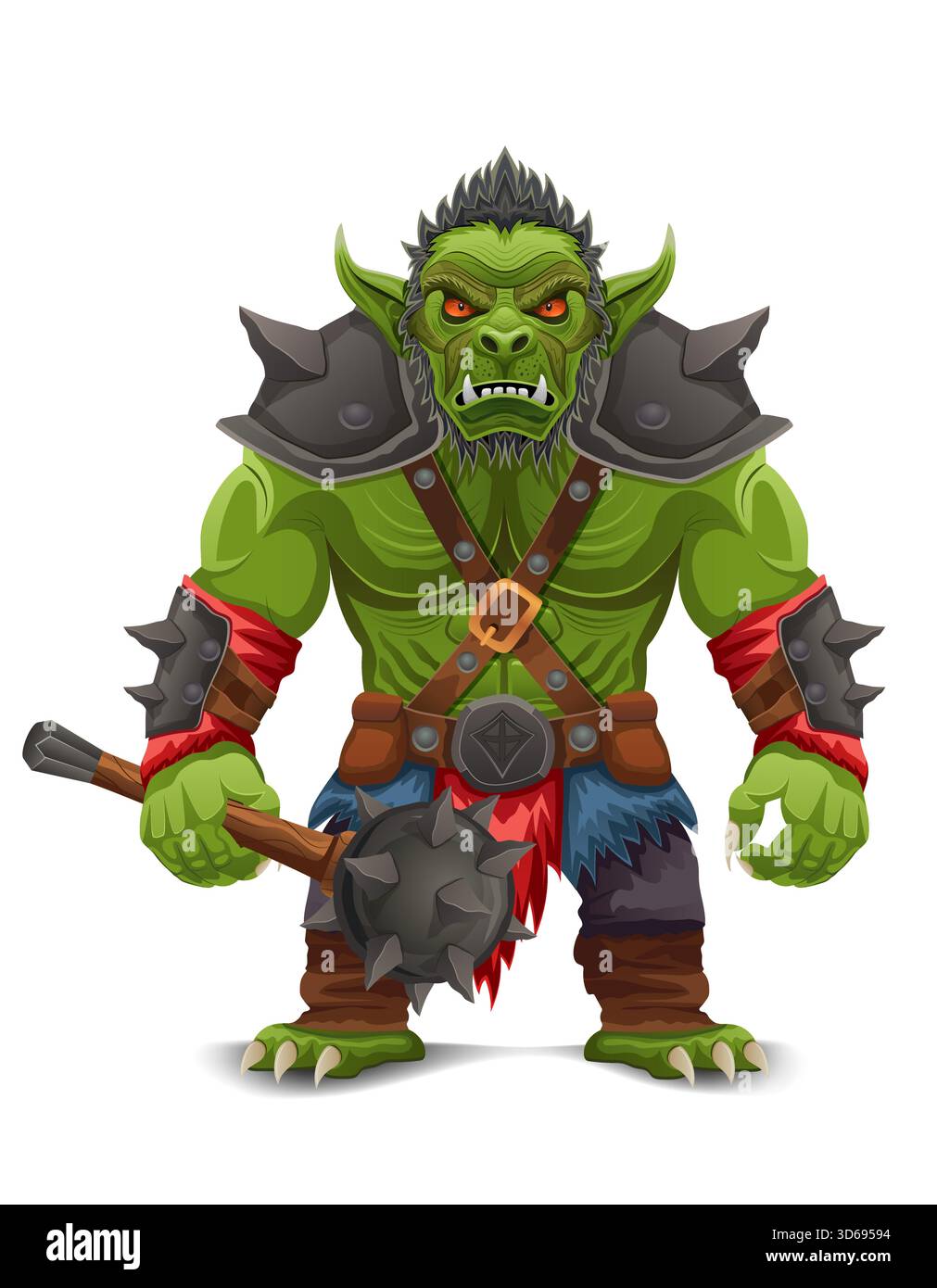 menacing and scary green goblin troll orc stands in a warlike pose ...