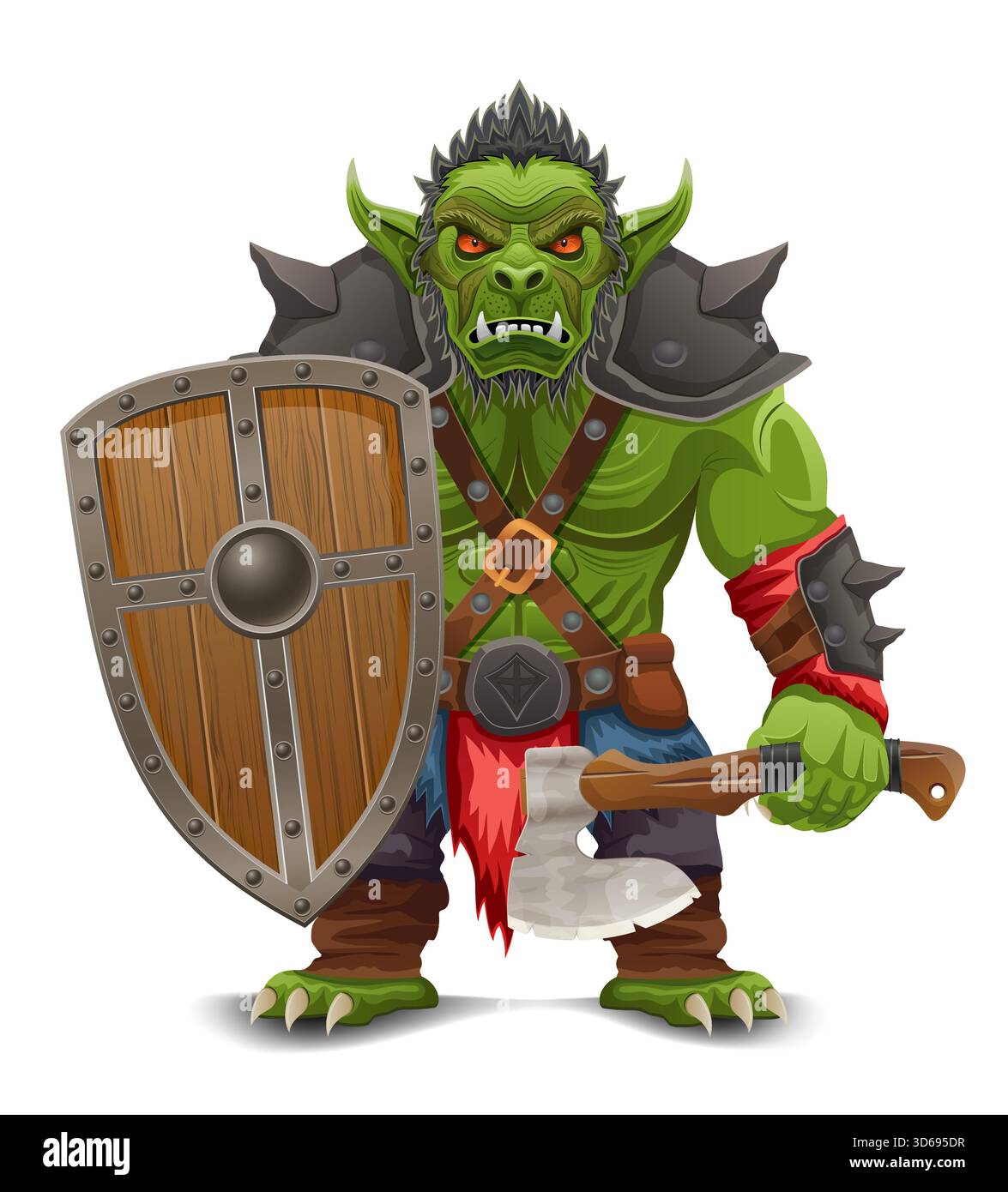 menacing and scary green goblin troll orc stands in a warlike pose ...
