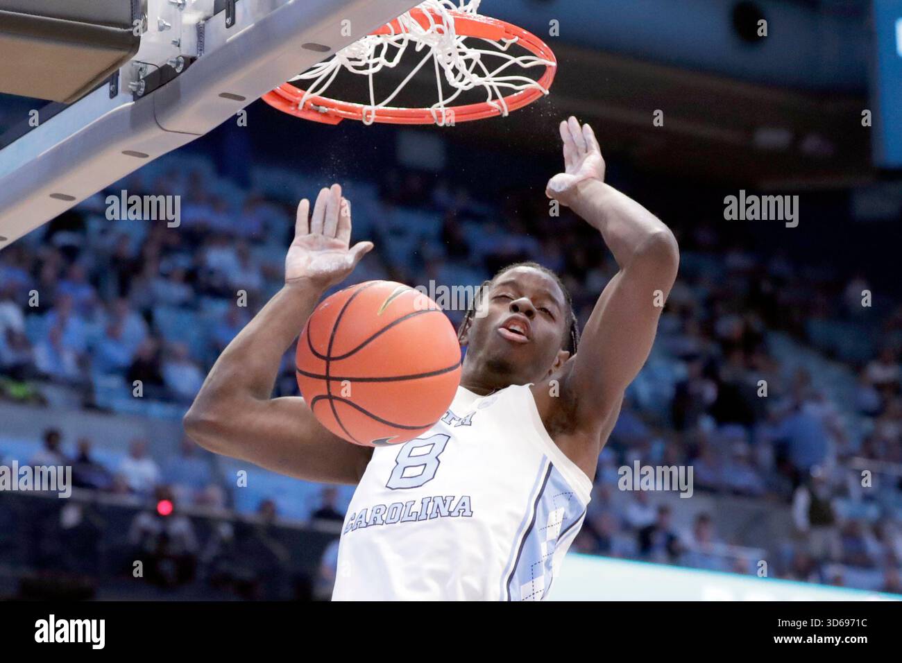 North Carolina forward Caleb Wilson (8) dunks during the first half of an NCAA college ...