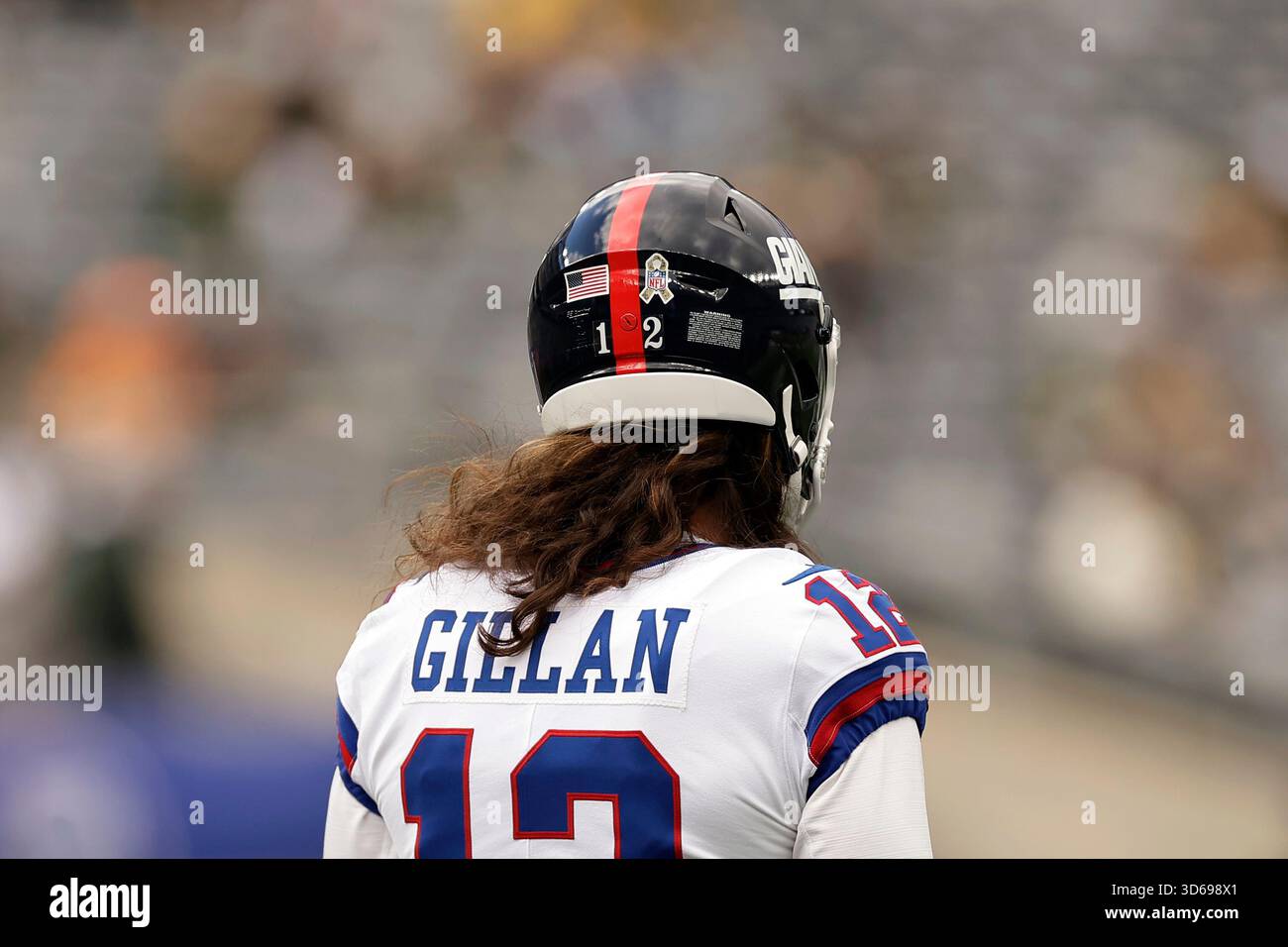 A detail shot of the back of the helmet of New York Giants punter Jamie ...
