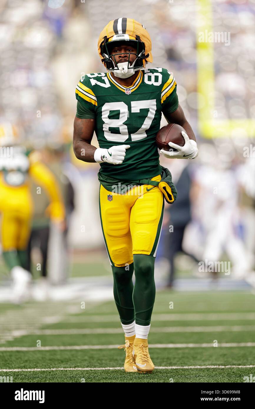 Green Bay Packers wide receiver Romeo Doubs (87) warms up before an NFL ...
