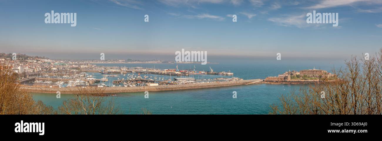 Panoramic view of the harbour and Castle Cornet, St Peter Port ...